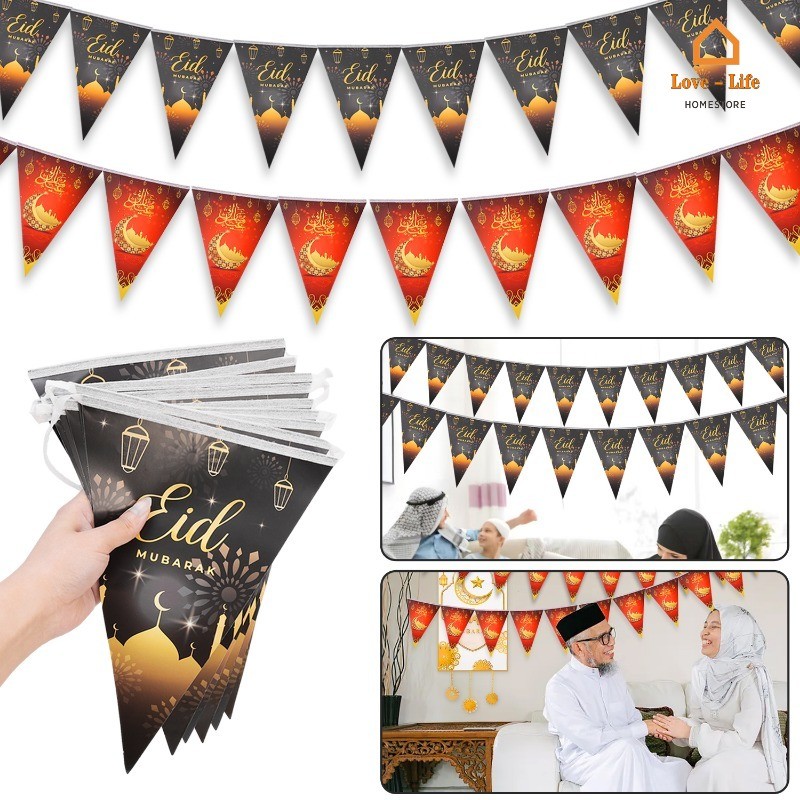 Eid Mubarak Decor Triangle Pull Flag - Moon Star Banner Pennant - Home Islamic Muslim Party ...