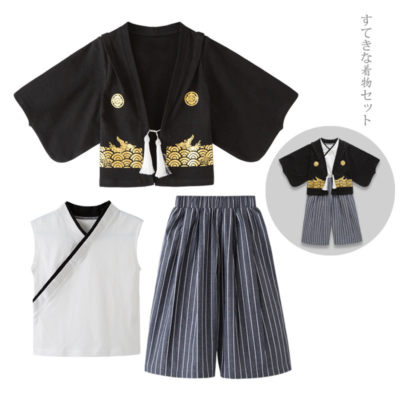 Japanese Kimono for Kids Boy Black Gray Yukata Casual Outfits Haori ...