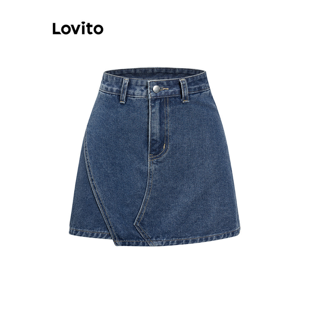 Lovito Women Casual Denim Shorts Plain Fake 2-In-1 Denim Shorts ...