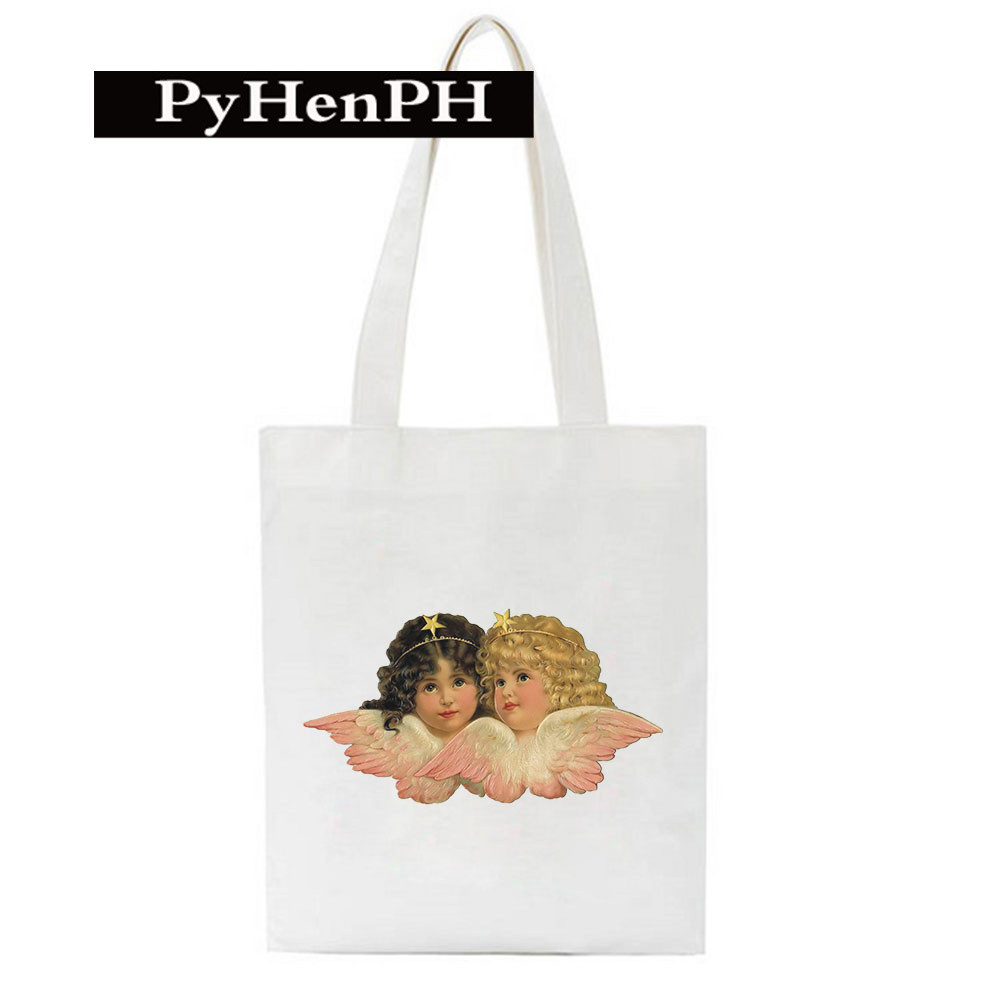 Cute Angel Pattern Printed Large Capacity Zipper Canvas Bag with ...