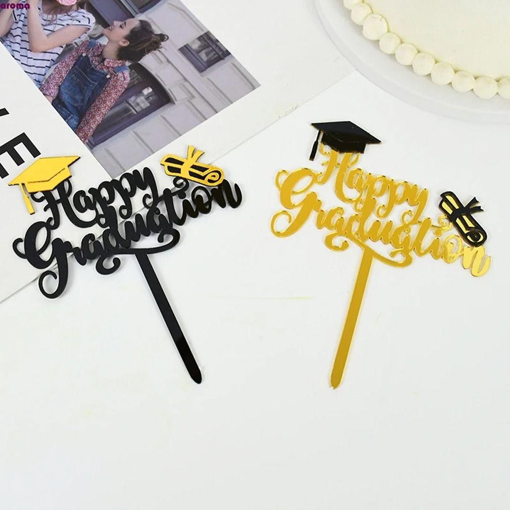 AROMA Happy Graduation Cap Cake Toppers, Black Gold DIY Congrats Cake ...