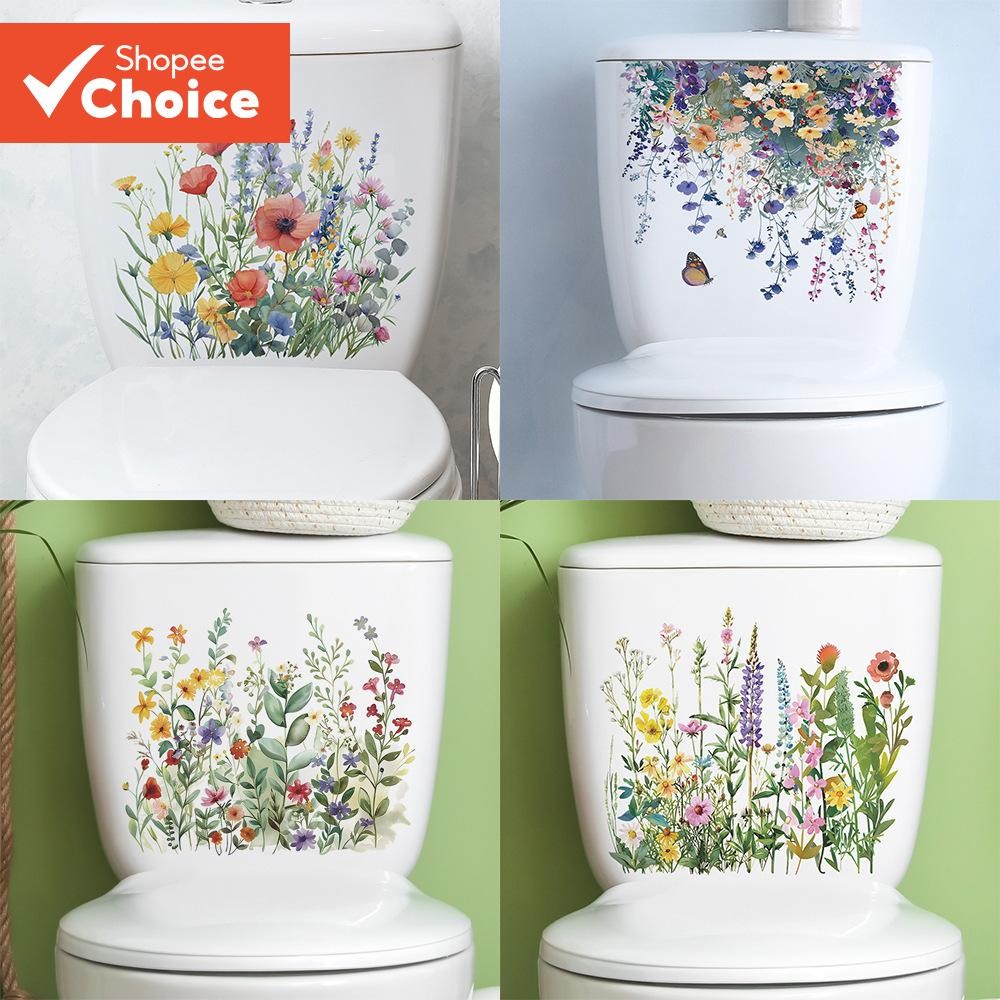 Painted Flowers Leaves Butterfly Combination Toilet Stickers Bathroom ...