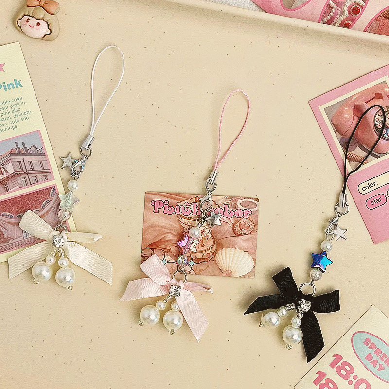 Korean Cute 3D Pearl Ribbon Bow Phone Pendant Aesthetic Pendant Key ...