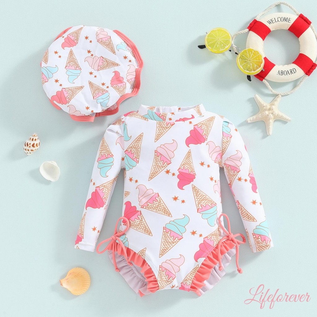 Infant Baby Girls Rash Guard Ice Cream Print Swimsuit Long Sleeve ...