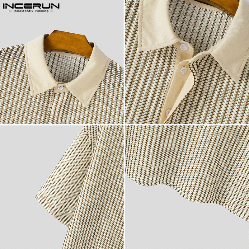 INCERUN Men Korean Handsome Lapel Raglan Sleeve Half-Button Stripe ...