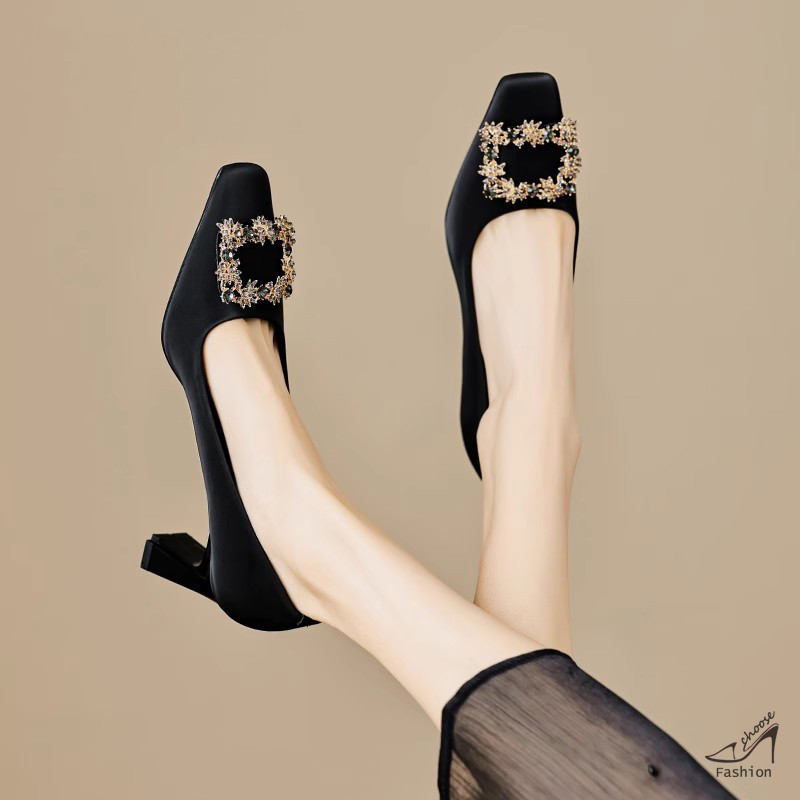 [CF] Branded Formal Office Black Close Shoes With Block Heels Square ...