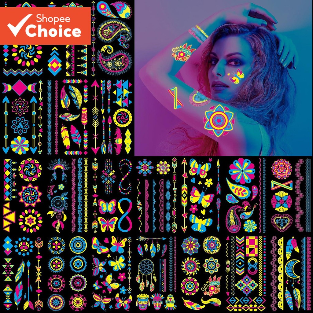 20 Sheet Luminous Fluorescent Tattoos Under UV Neon Blacklight, Glow in ...