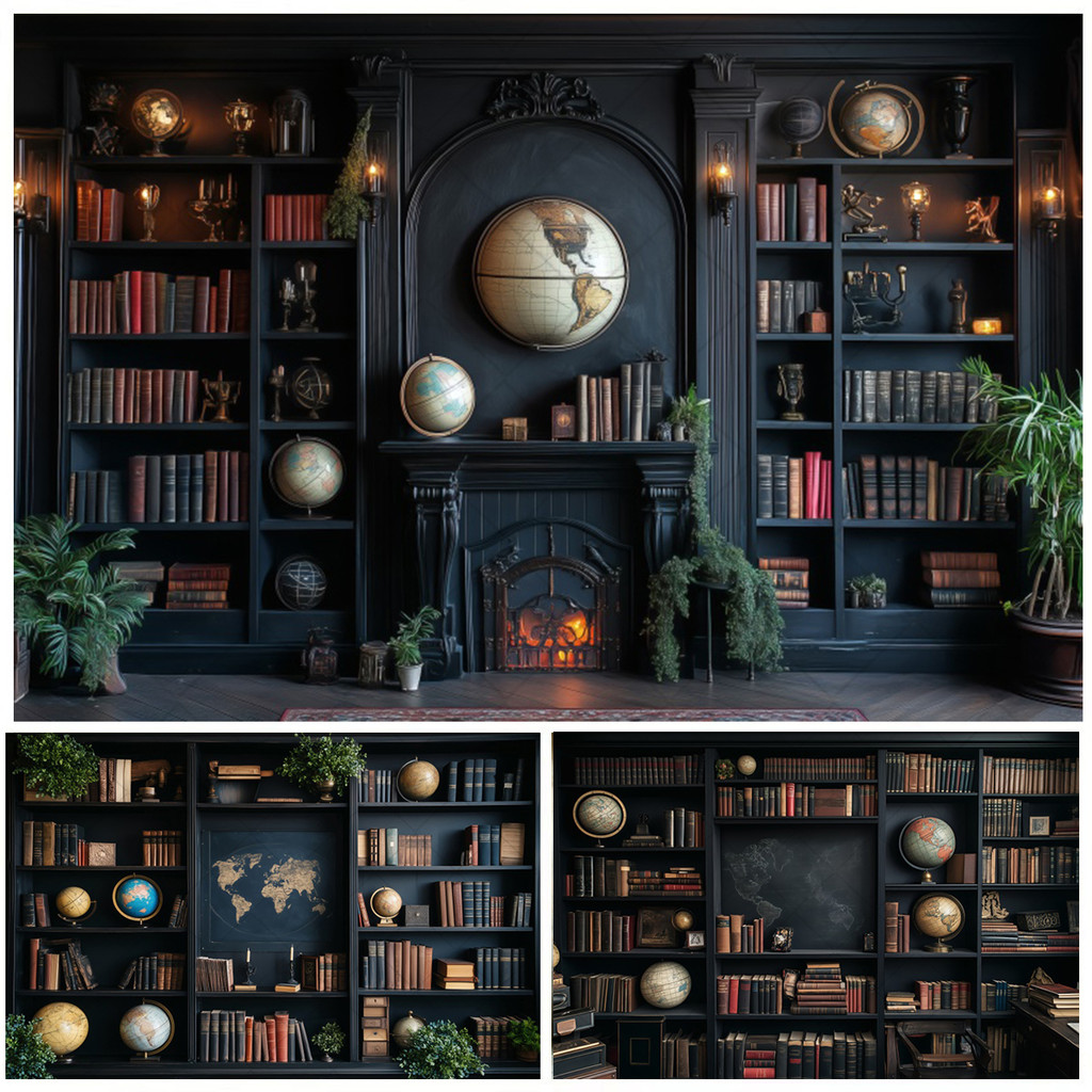 Study Bookcase Photography Backdrop Globe Desk Bookshelf Back to School ...
