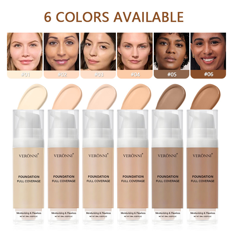 VERONNI 6-Color Full Coverage Matte Liquid Foundation Waterproof Soft ...