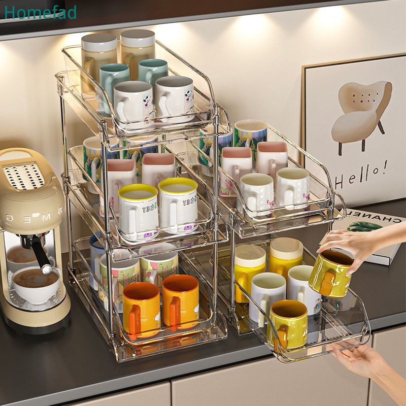 Sliding cup storage rack, snack and tea bag organizer, bar counter cup ...