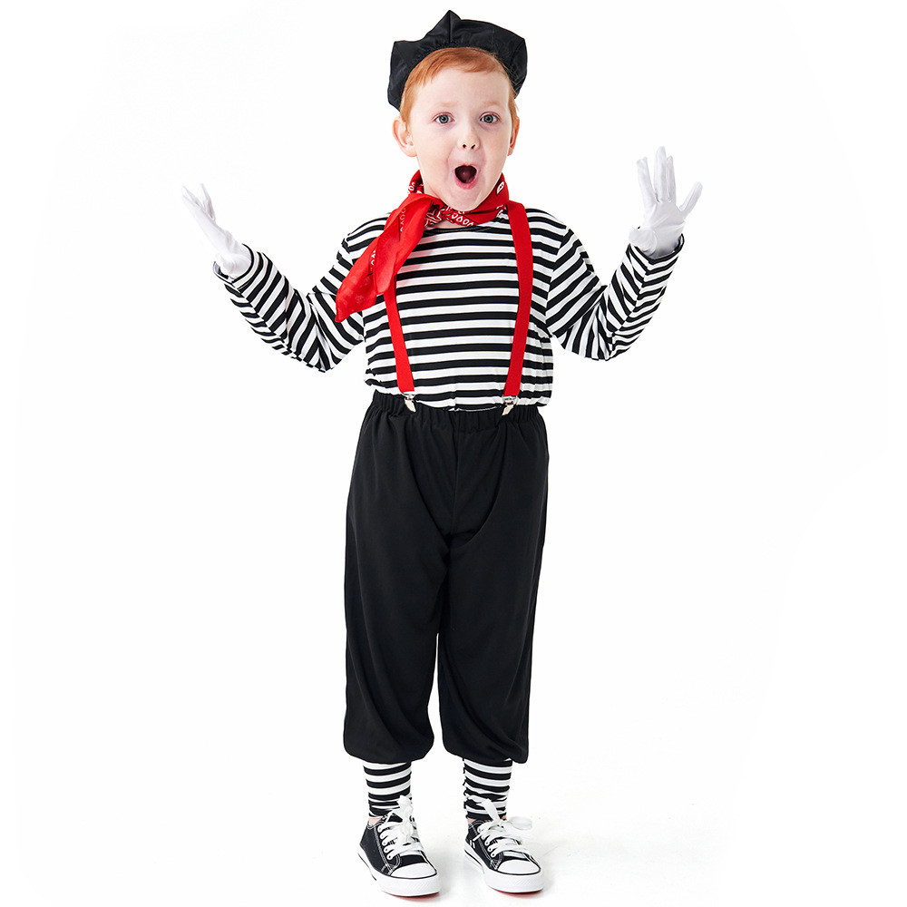 Kids Silent Actor Mime Artist Costume Black White French Mimic Clown ...