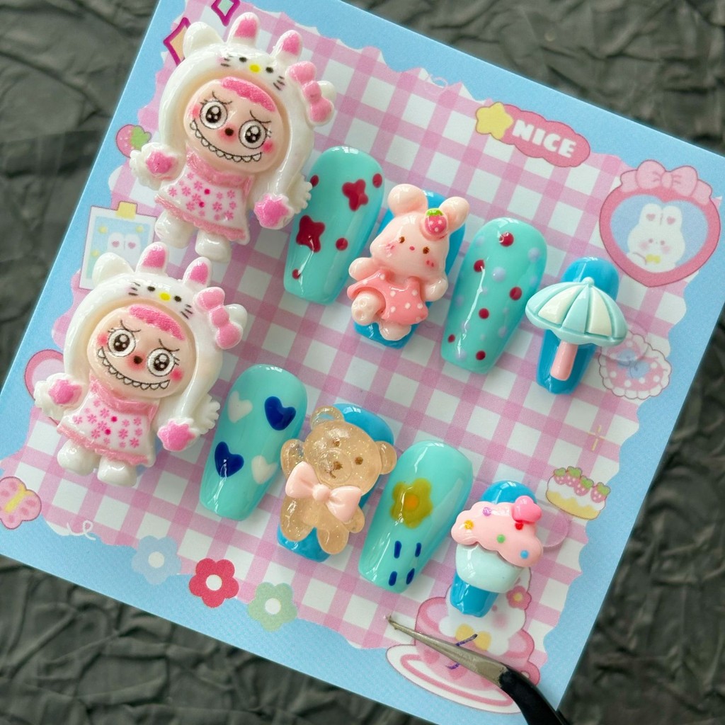 3D Labubu Strawberry Rabbit Cute Handmade Press On Nails Cartoon Teddy ...
