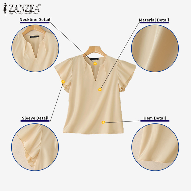 ZANZEA Women Korean High Quality V Neck Ruffle Sleeves Solid Color ...