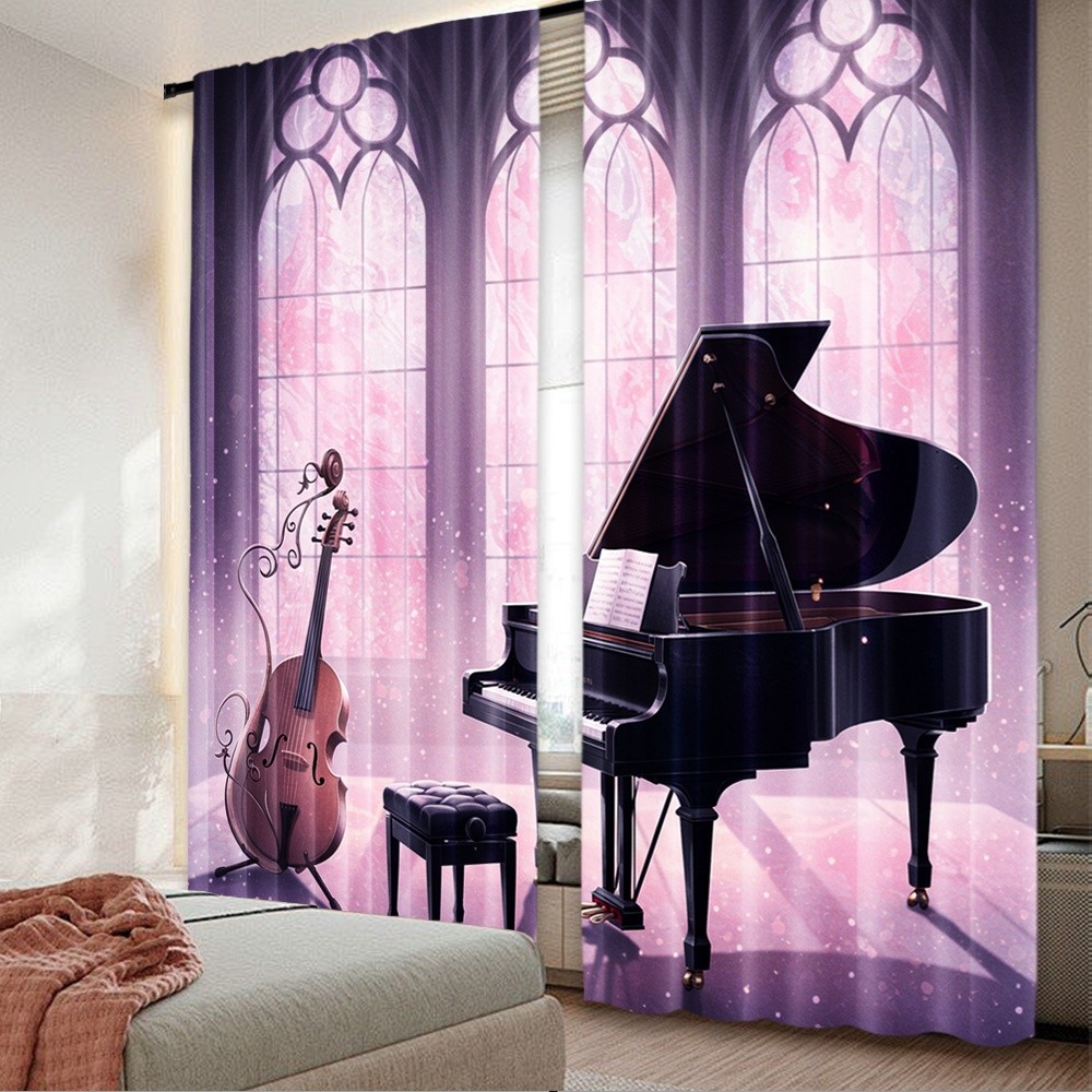 2pcs, 2D flat printing Window Curtains Purple piano Machine Washable ...