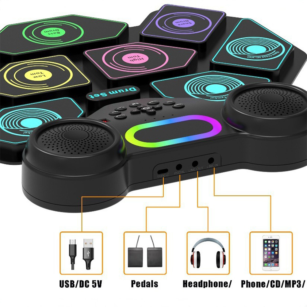9-Pads Electronic Drum Set Roll-up Electric Drum Set with LED Light ...