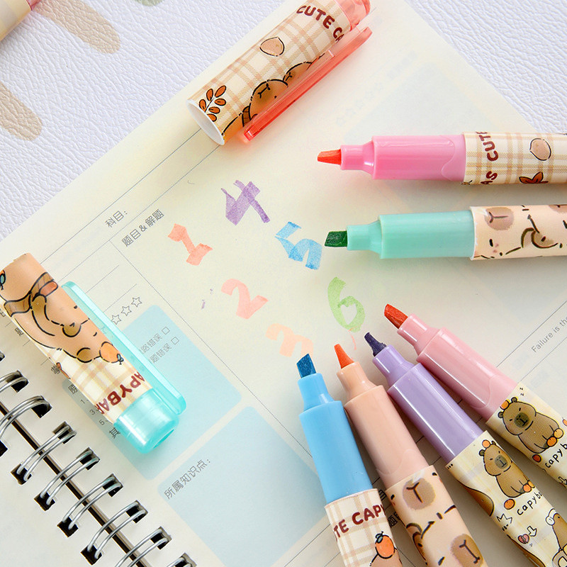 6in1 Mini Cartoon Capybara Highlighter Set Marker Pens Student Office ...