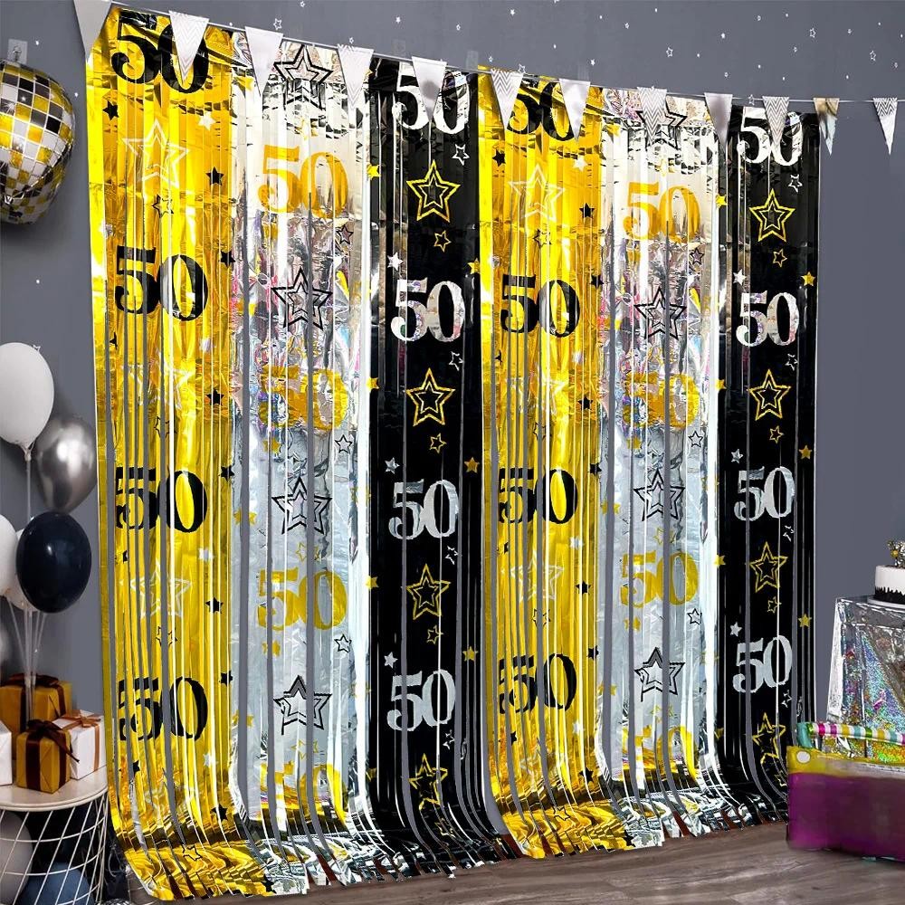 2X1M Black Gold Silver 50th Foil Fringe Curtains Streamers Backdrop for ...