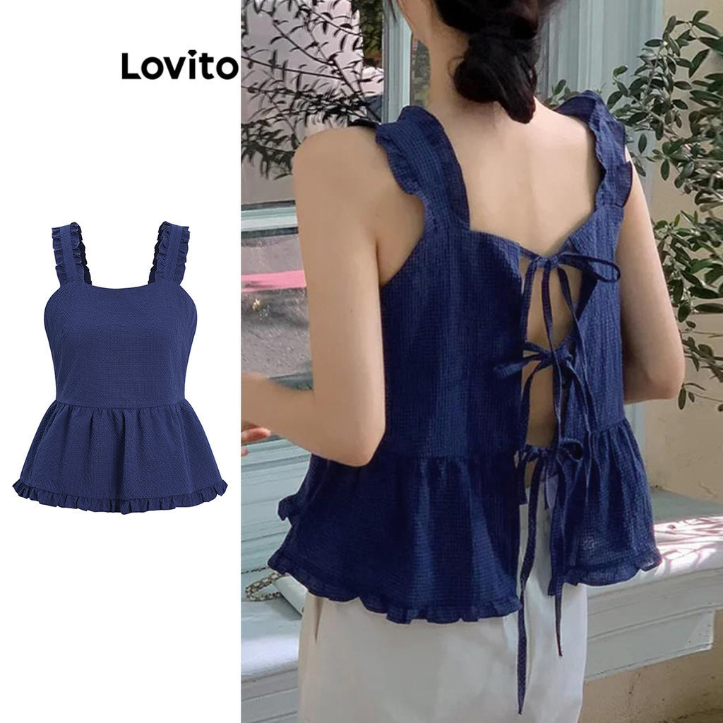 Lovito Women Casual Tank Top Gingham Ruffle Hem Tie Back Tank Top ...