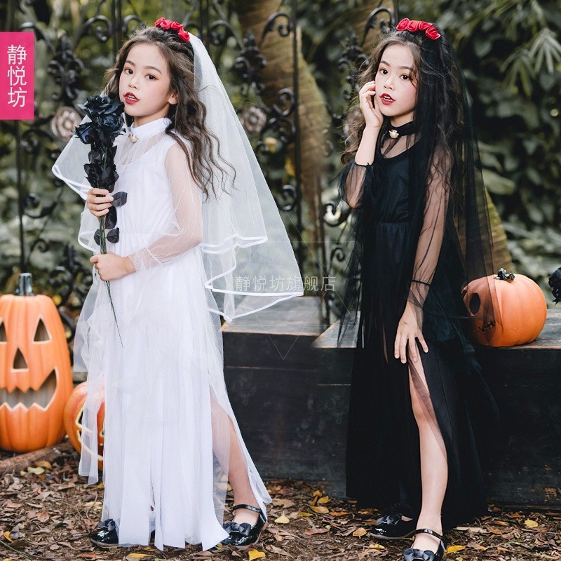Ghost Bride Costume Bride Zombie Dress For Kids Girl Black White Witch ...
