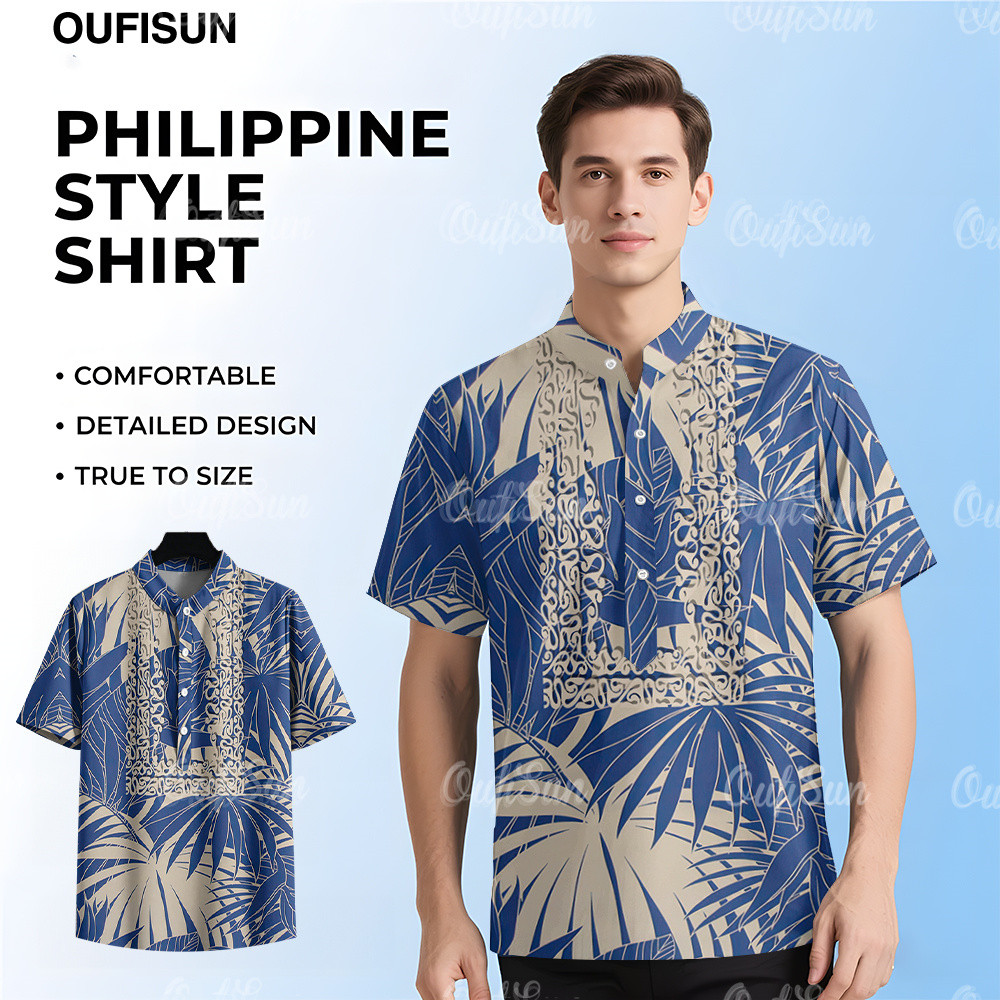 2025 Beach Outfit for Men Asean Attire for Men Palm Tree Pattern Print ...