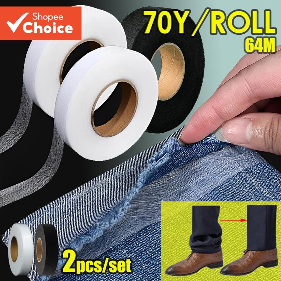 2 Rolls 70Y/64M White/Black Double-sided Interlining Adhesive Fabric Fusing Cloth Iron on Hem ...