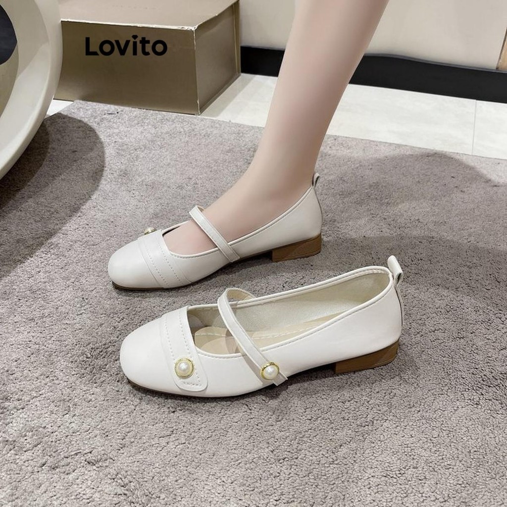 Lovito Casual Plain Vintage Shallow Mouth Flat Follow Pearl One Line ...