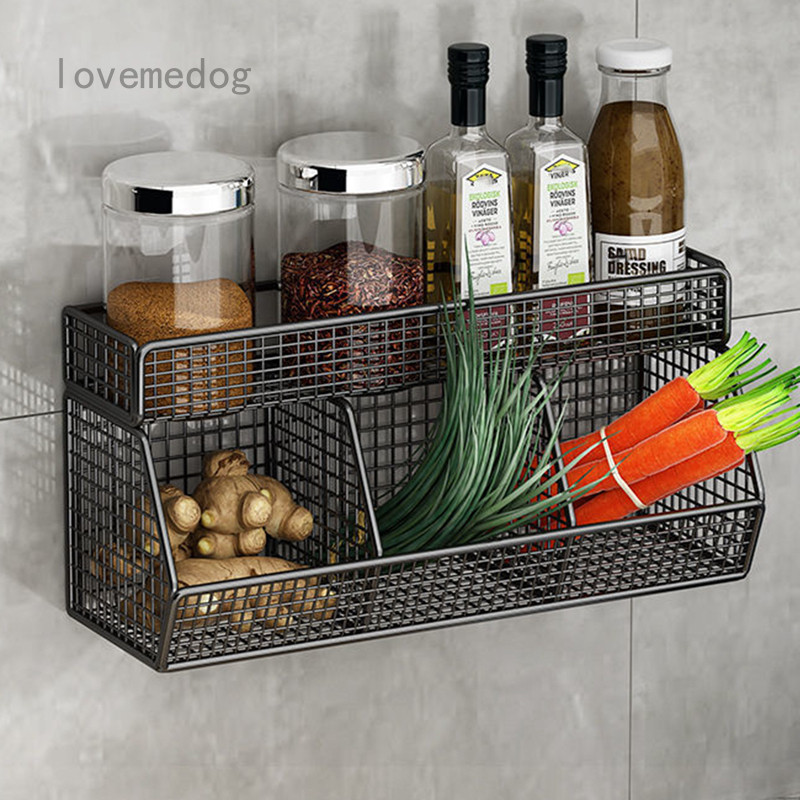 Kitchen Wall Mounted Punch-Free Condiments Spice Shelf Garlic Ginger ...