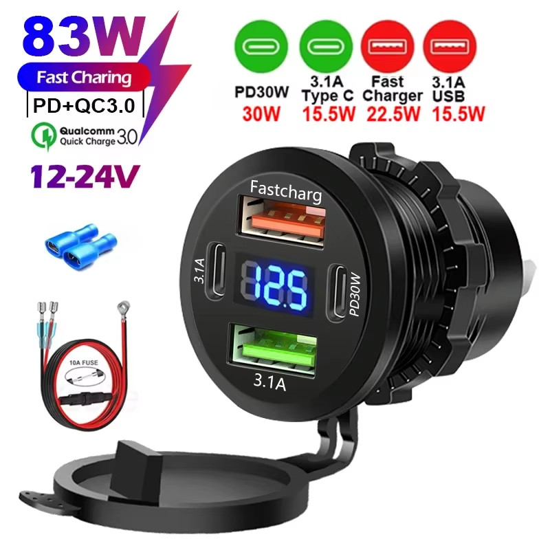 83W Max Phone Charger Socket PD30W Fast Charging 22.5W Dual USB+Type C ...