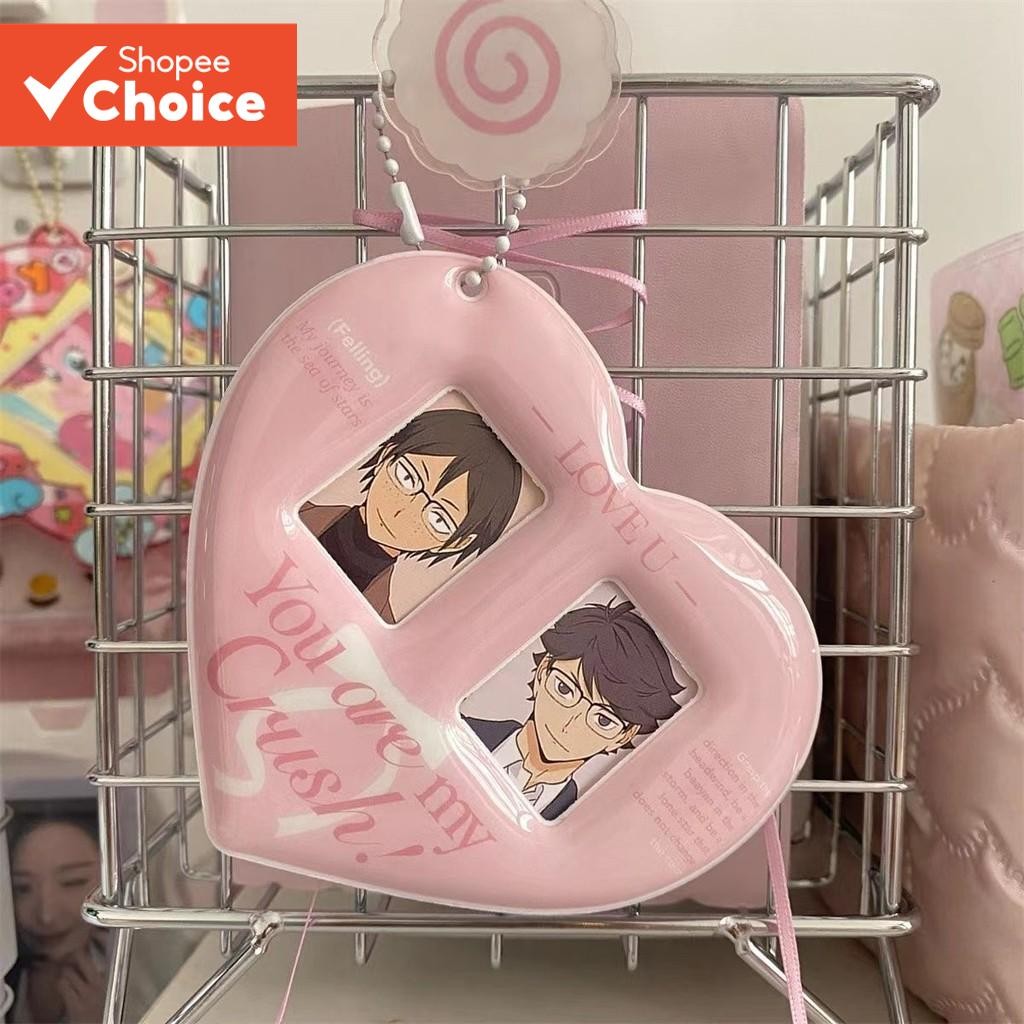 ins pink heart-shaped 1-inch double grid CP card holder pendant ...