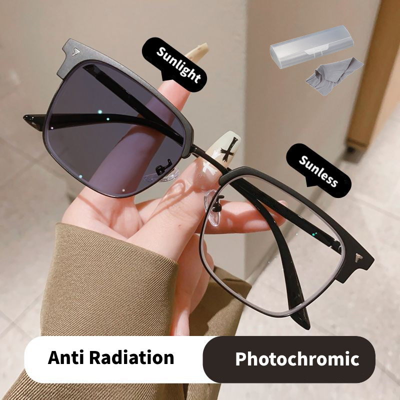 Unisex Photochromic Anti Radiation Glasses Square Metal Frame Blue ...