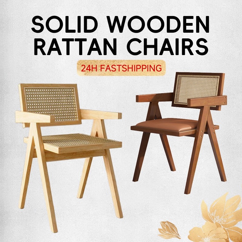 Rattan Chairs Dining Chairs, Solid Wood Armchair, Woven Cane Back and ...
