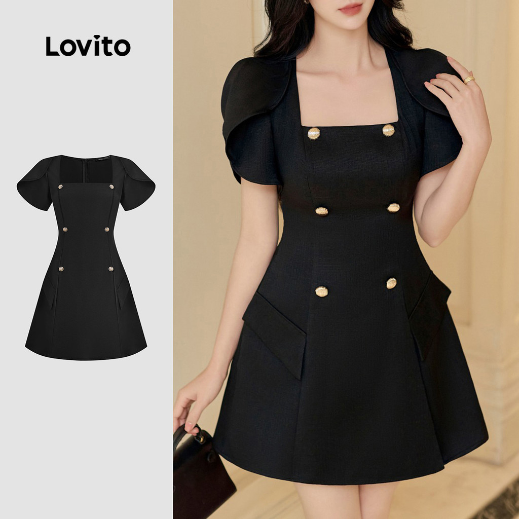 Lovito Women Elegant Dress Ruffle Double Button Structure Line Spring ...
