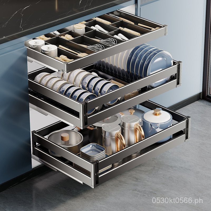 Kitchen Pull-Out Basket Cabinet Storage Kitchen Spice Bowl Basket Built-in Retractable Pull-Out ...