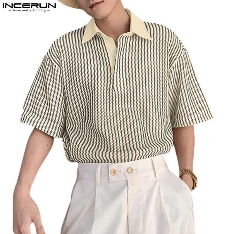 INCERUN Men Korean Handsome Lapel Raglan Sleeve Half-Button Stripe ...