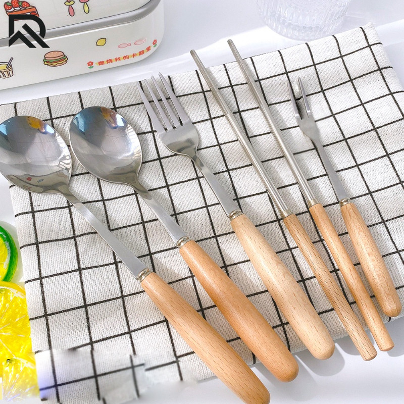 Wood Stainless Steel Cutlery Set Wooden Handle Flatware Knife Fork ...