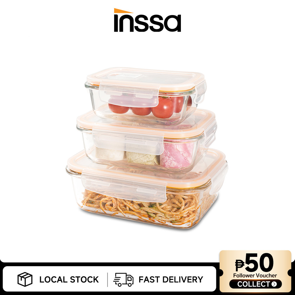 INSSA Set of 3 Glass Airtight Food Storage Containers Leakproof BPA ...