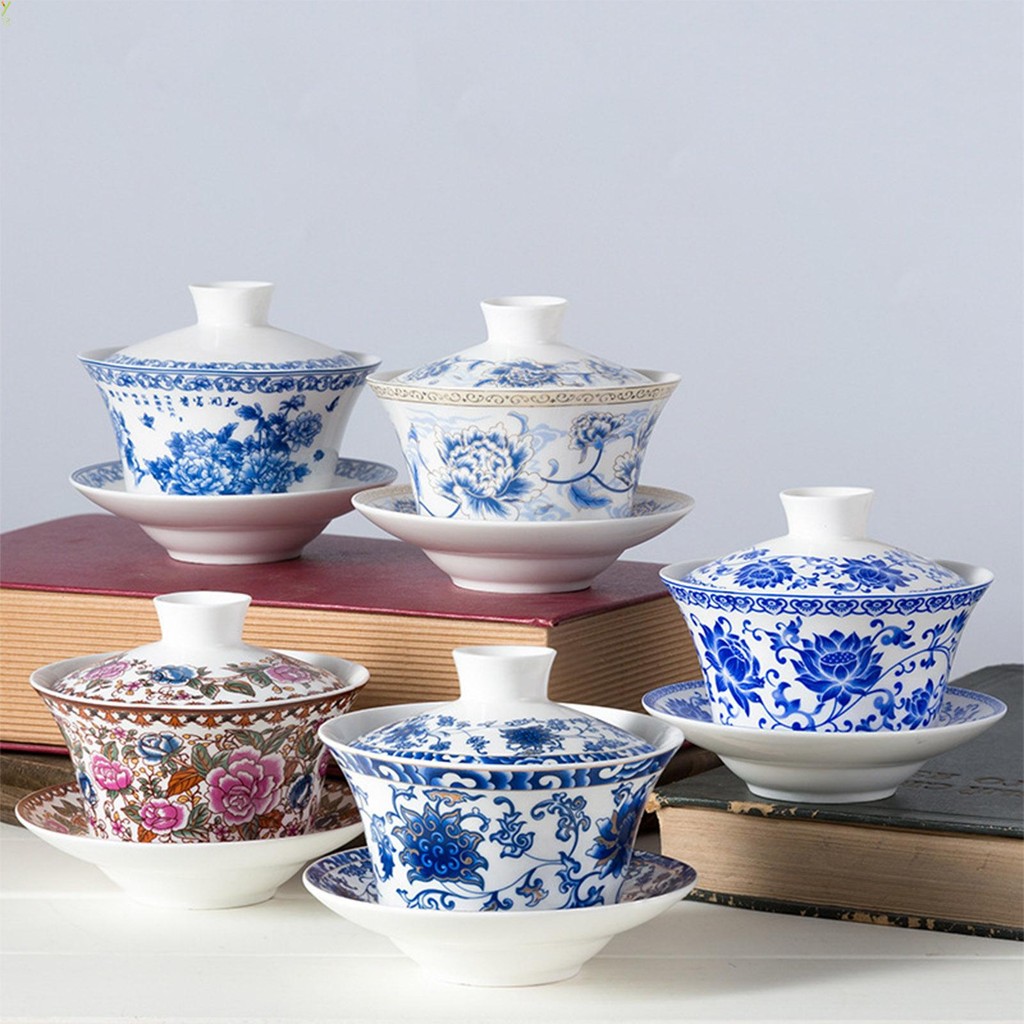 Traditional Gaiwan Tea Set Beautiful White Porcelain Flower Pattern Tea ...