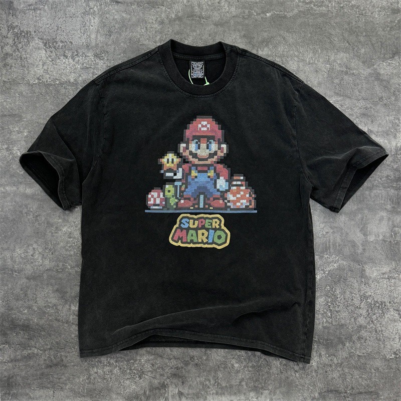 New Trendy Bright High Street Super Mario Pixel Check Printing Heavy ...