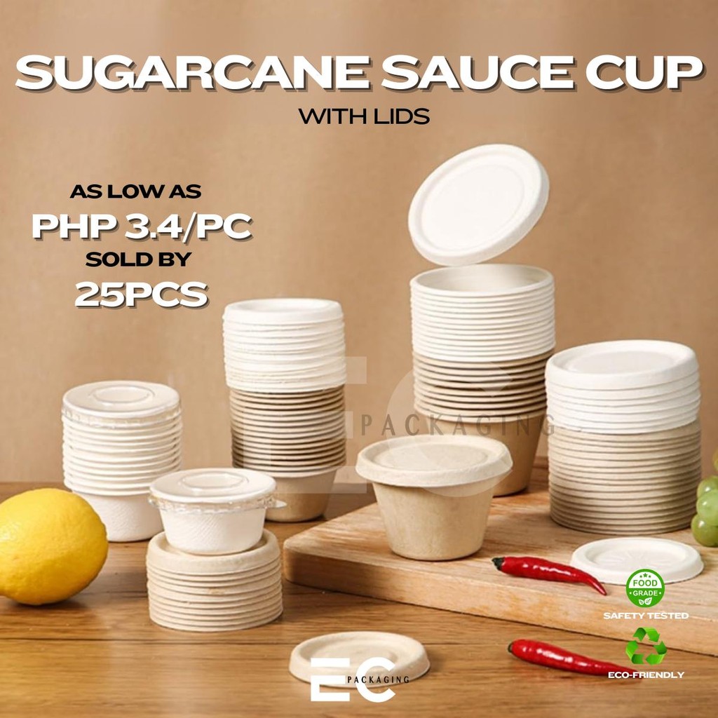 EC 25PCS Sugarcane Bagasse Cup Sauce with Lid 2oz Eco-Friendly Sauce ...