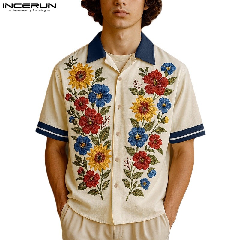 INCERUN Men Vintage Retro Lapel Raglan Sleeve Floral Print Button Up ...
