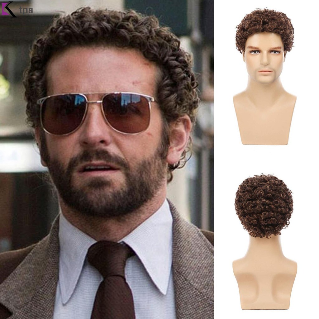 Mens Short Brown Curly Afro Wig Fluffy Heat-Resistant Synthetic Hair ...