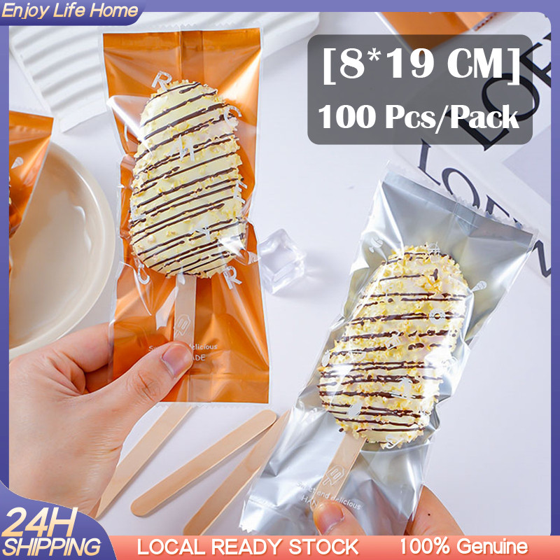 100Pcs 8x19 CM Pastry Plastic Wrapper Seal Graham Bar Ice Cream Gold ...