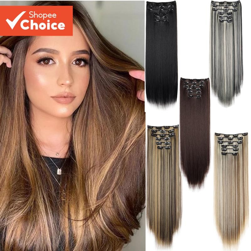 24-Inch 140g Long Straight Synthetic Black Hair Extensions - 6pcs Clip ...
