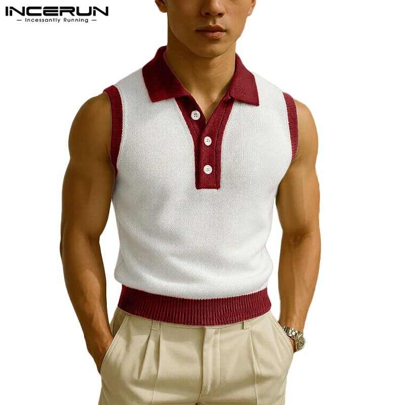 INCERUN Men's Splicing Color Contrasting College Style Tank Top POLO ...