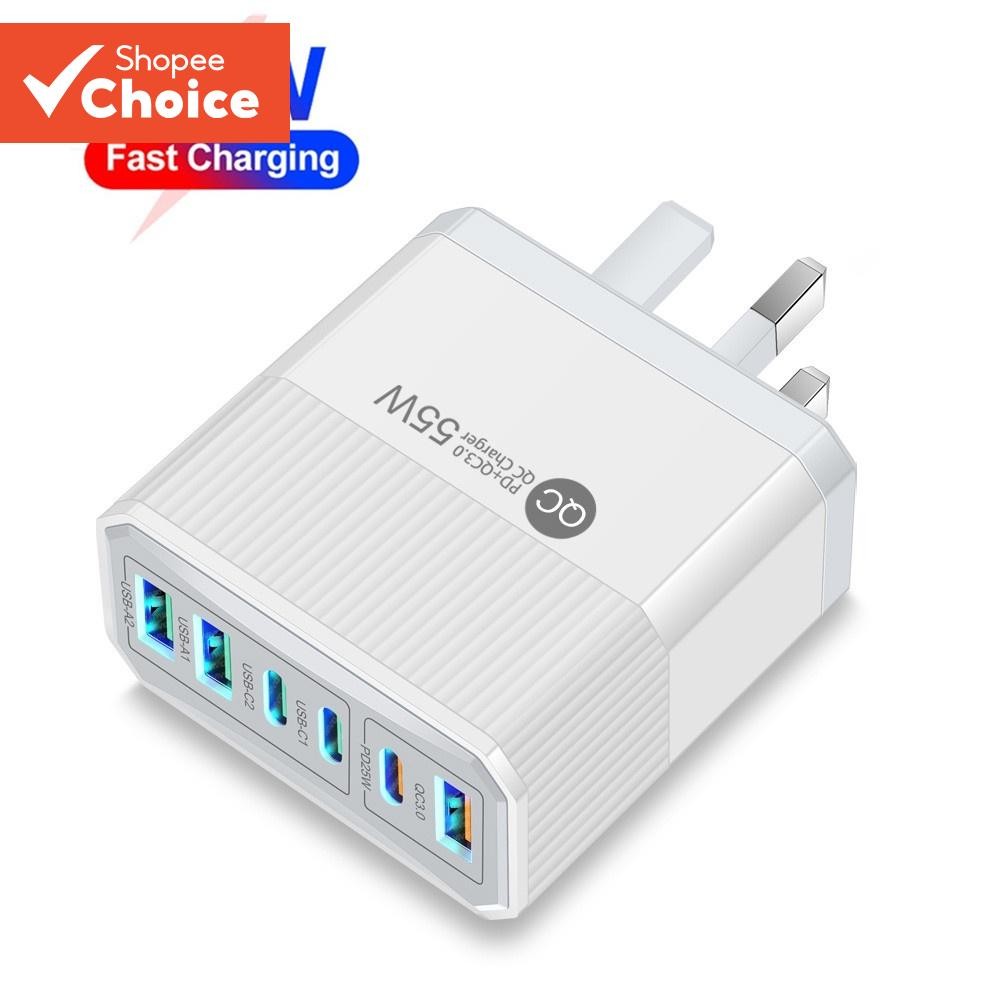 Multiple 6 Ports Phone Charger USB PD 55W Fast Charging QC3.0 Type C ...