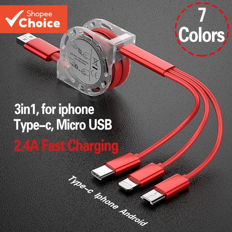 3 In 1 Retractable Micro USB Charge Cable Multi USB Charger Cable USB C ...