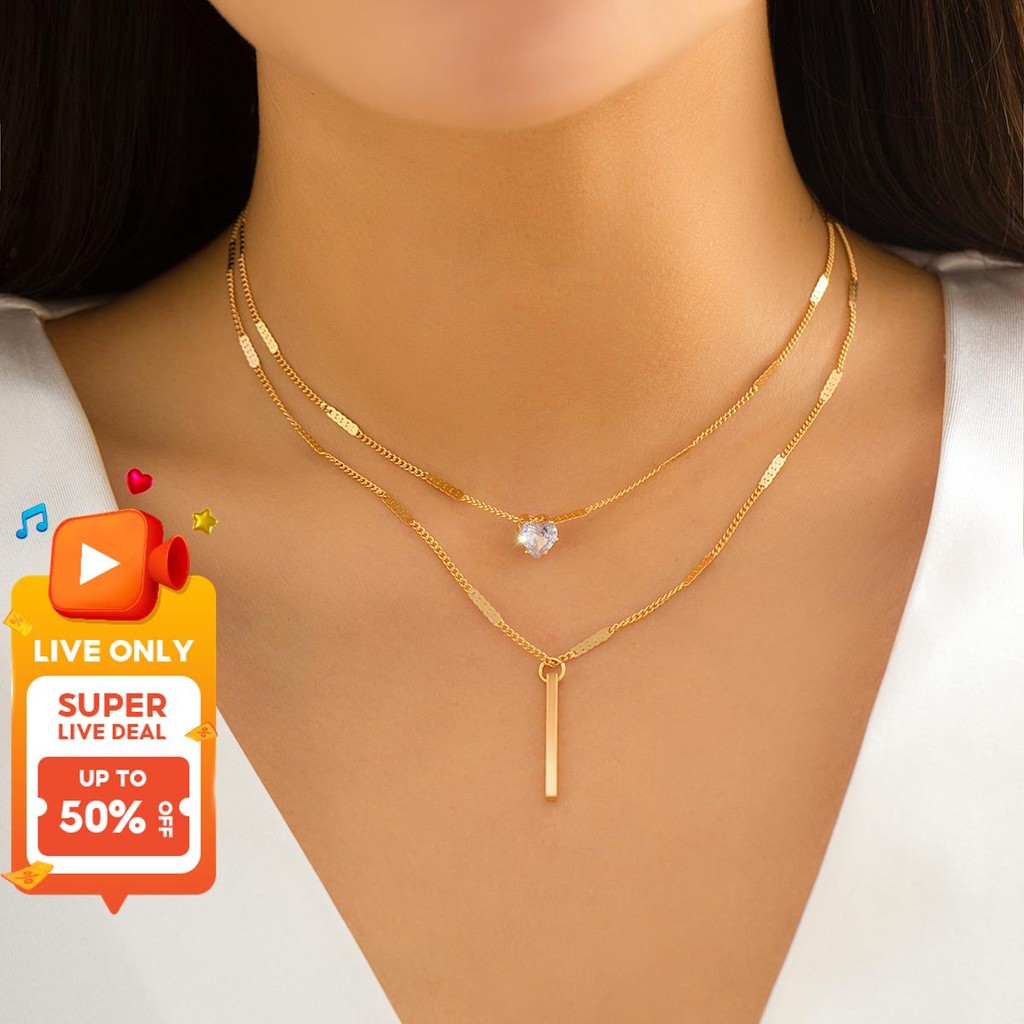 2 Layer Chain Necklace with Crystal Heart Stick Pendant Trendy Women ...