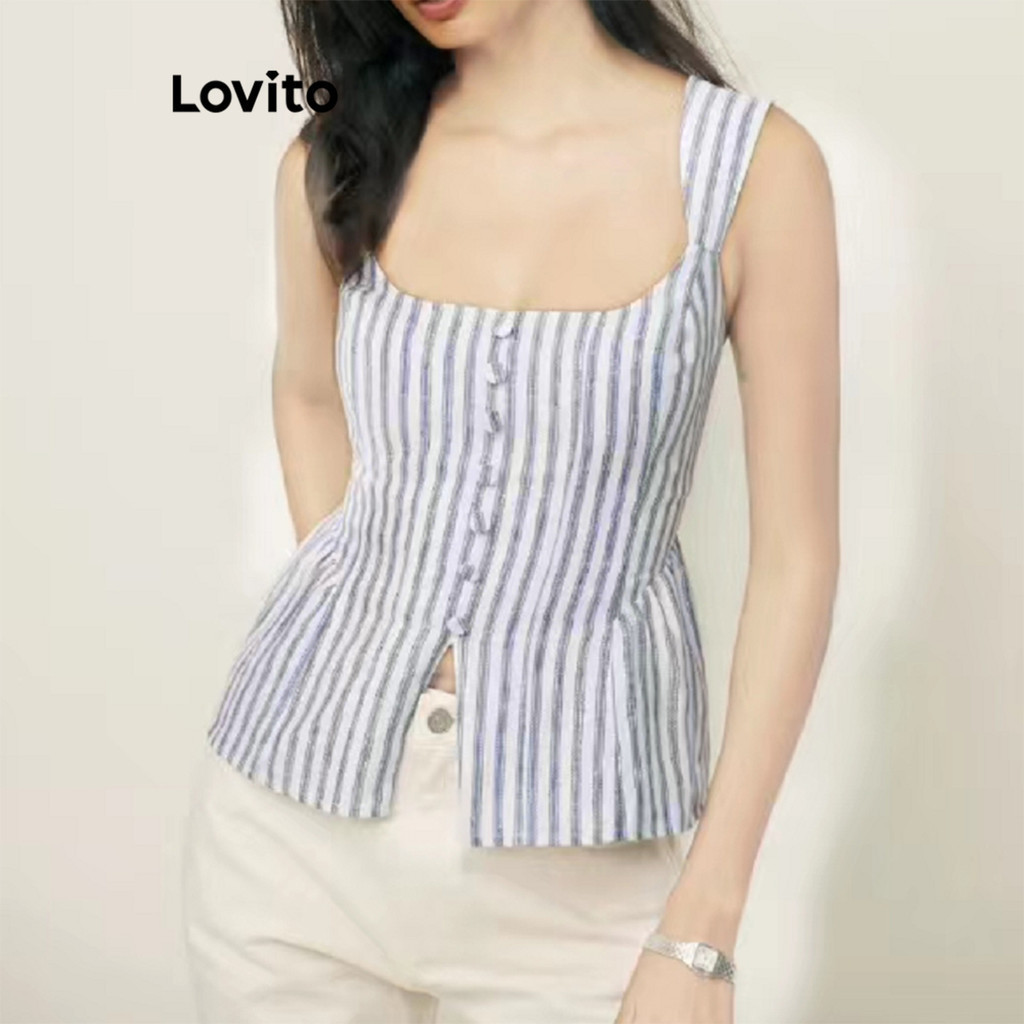 Lovito Women Elegant Tank Top Striped Button Split Front Tank Top ...