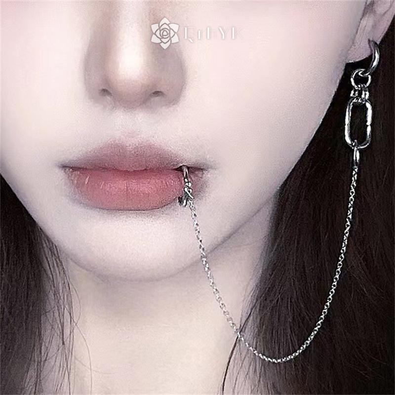 QrhYK> Cool Style Fake Piercing Lip Clip Earring Punk Chain Linked ...