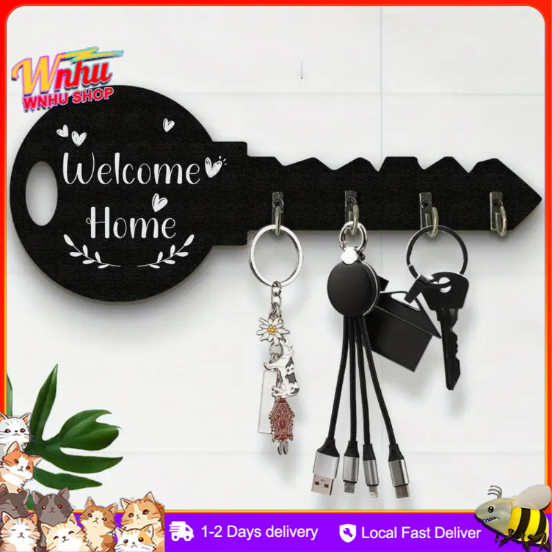 Wooden Large Key Shape Holder - Shelf & Multi-Purpose Hook, Space ...